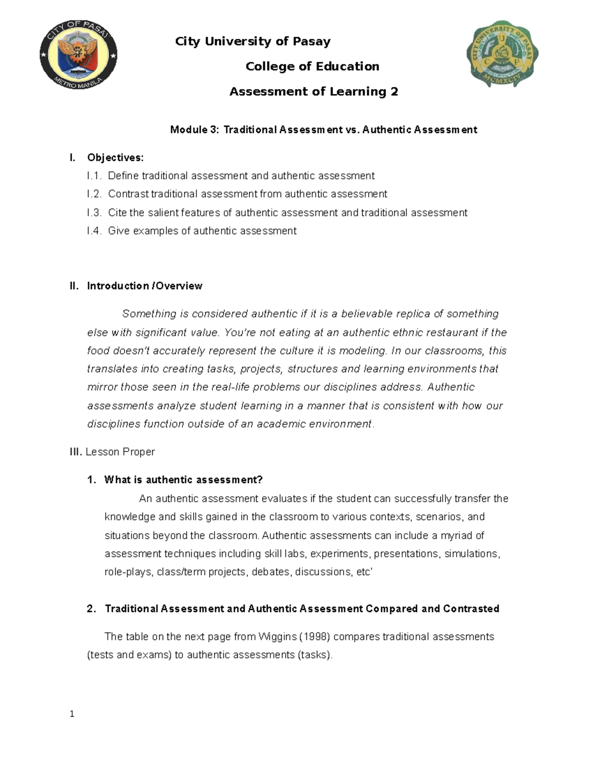 Ass of Learning 2 Mod 3 - ass - College of Education Assessment of ...