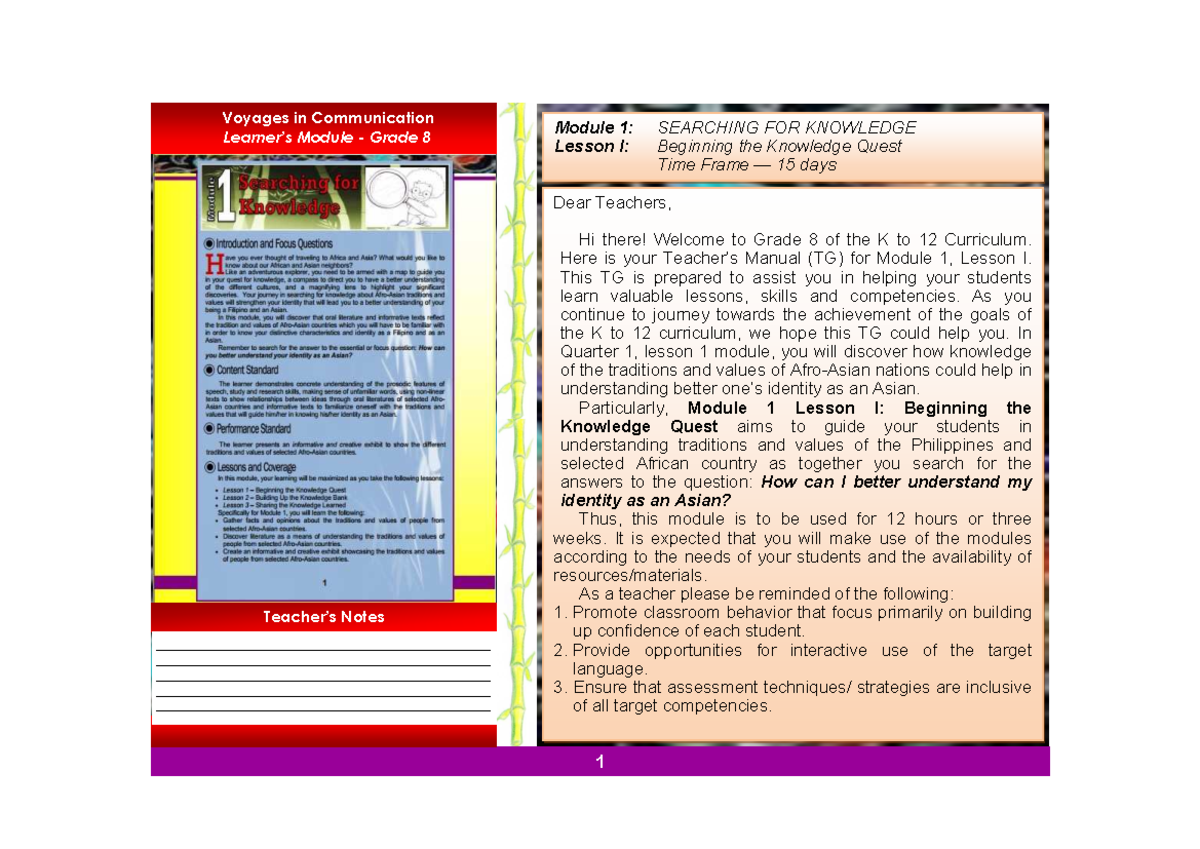 English teachers guide in grad 8 - Teacher’s Notes