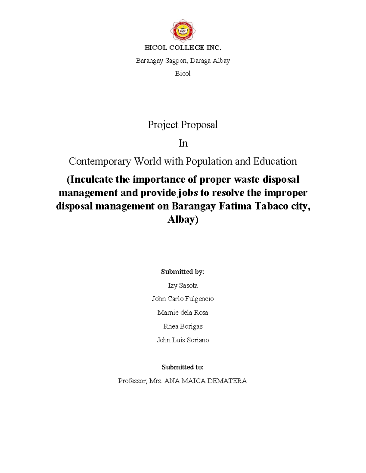 Sustainble Action PLAN 2 - BICOL COLLEGE INC. Barangay Sagpon, Daraga ...