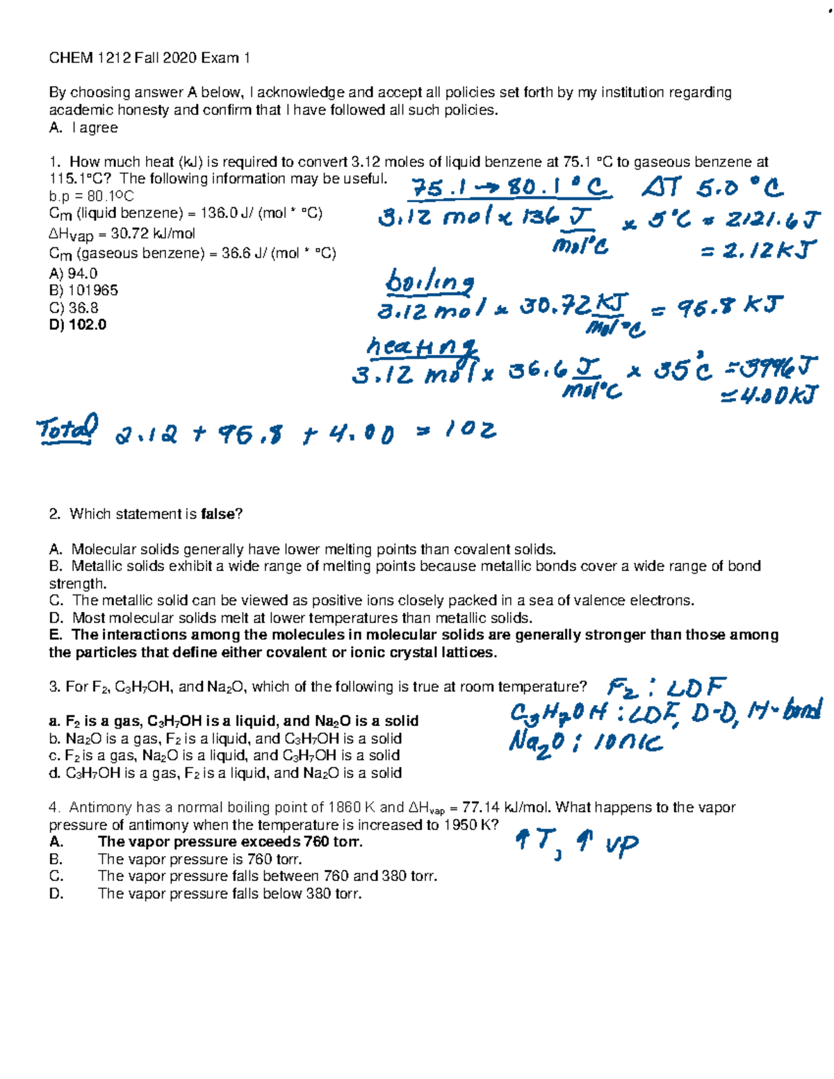 CHEM 1212 Exam 1 - CHEM 1212 Fall 2020 Exam 1 By choosing answer A ...