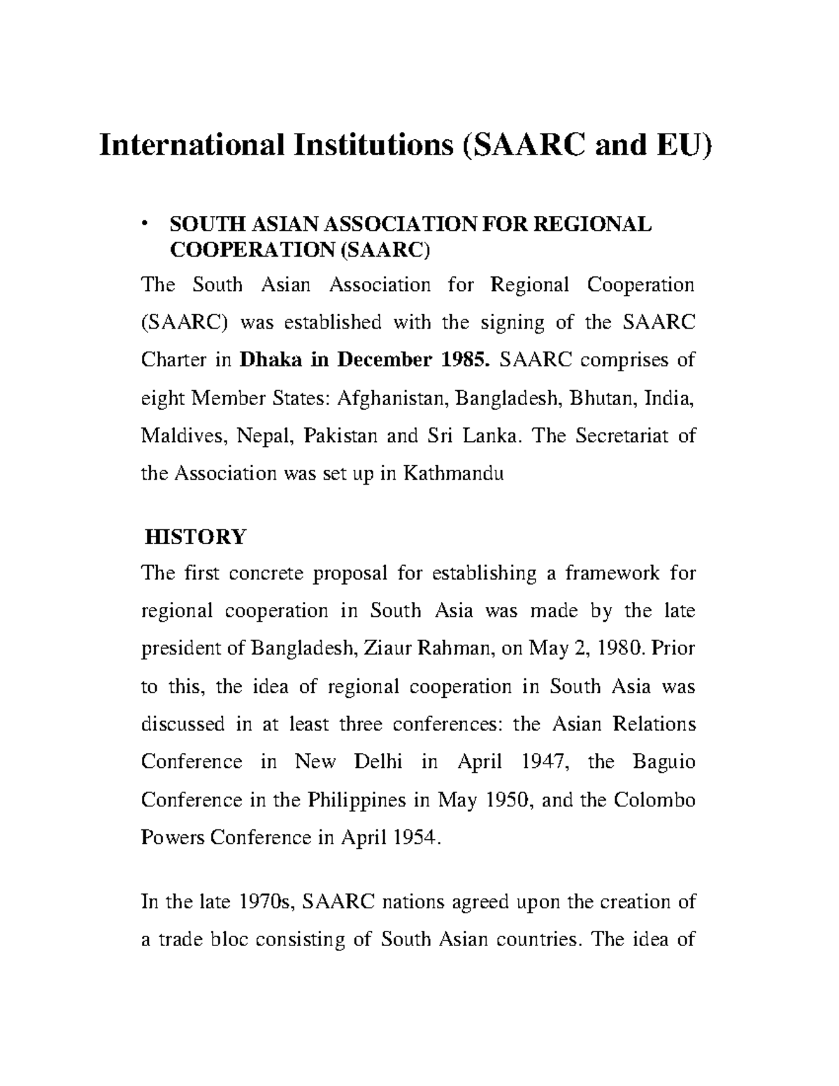 International Institutions (SAARC and EU) - SAARC comprises of eight ...