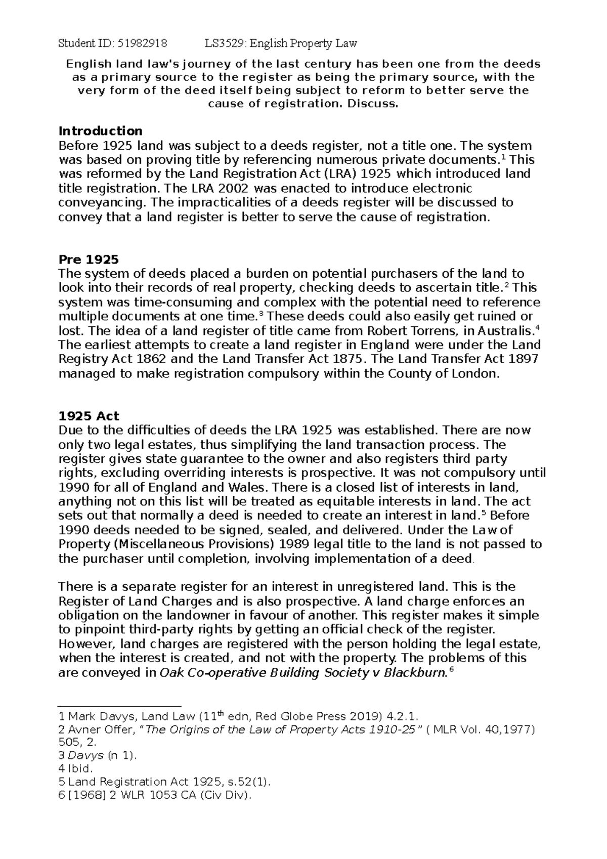 EPL essay - Student ID: 51982918 LS3529: English Property Law English ...