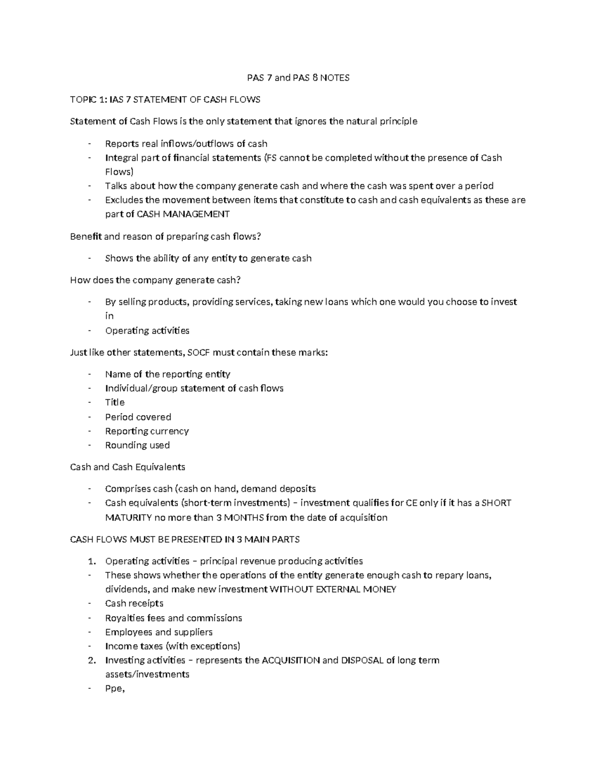 PAS 7 and 8 Notes - PAS 7 and PAS 8 NOTES TOPIC 1: IAS 7 STATEMENT OF ...