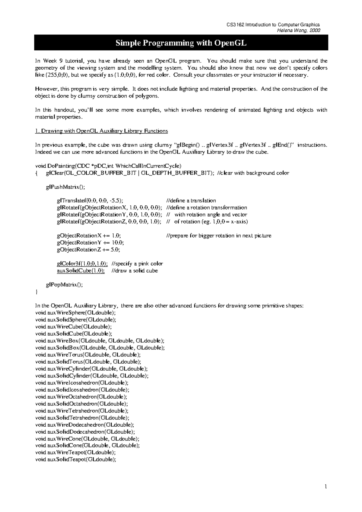 Open Gl Helena Wong 2000 Simple Programming With Opengl In Week 9