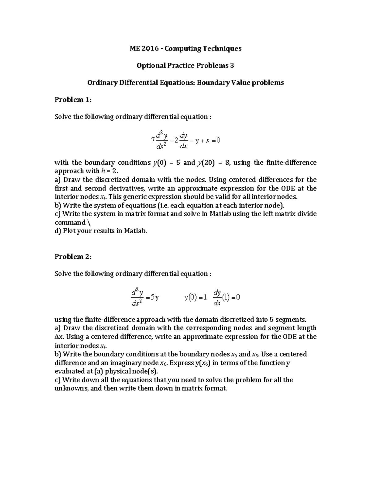 OP3+Boundary+Value+Problems - ME 2016 Computing Techniques Optional Practice Problems 3 Ordinary ...