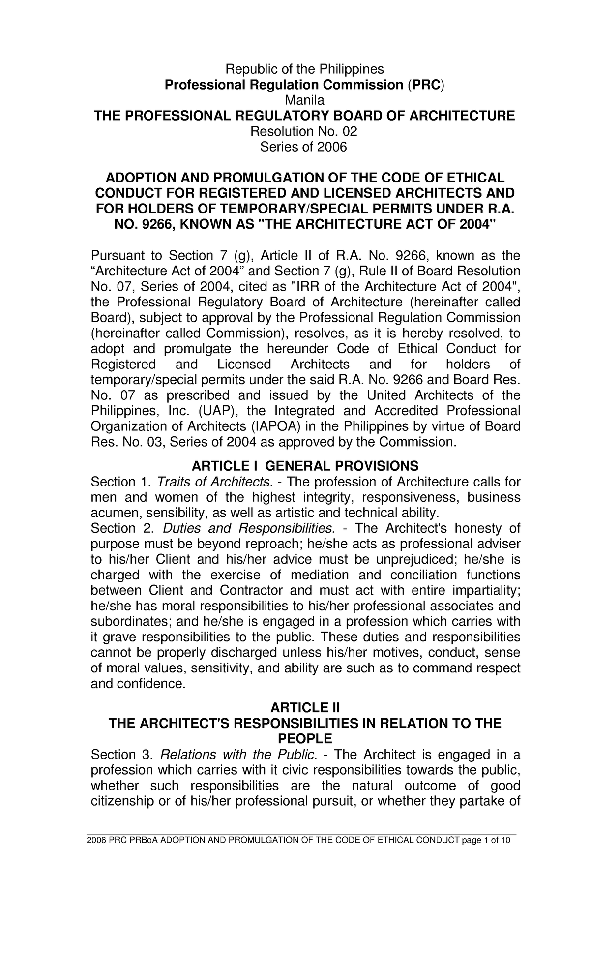 2006 Code of Ethics - Republic of the Philippines Professional ...