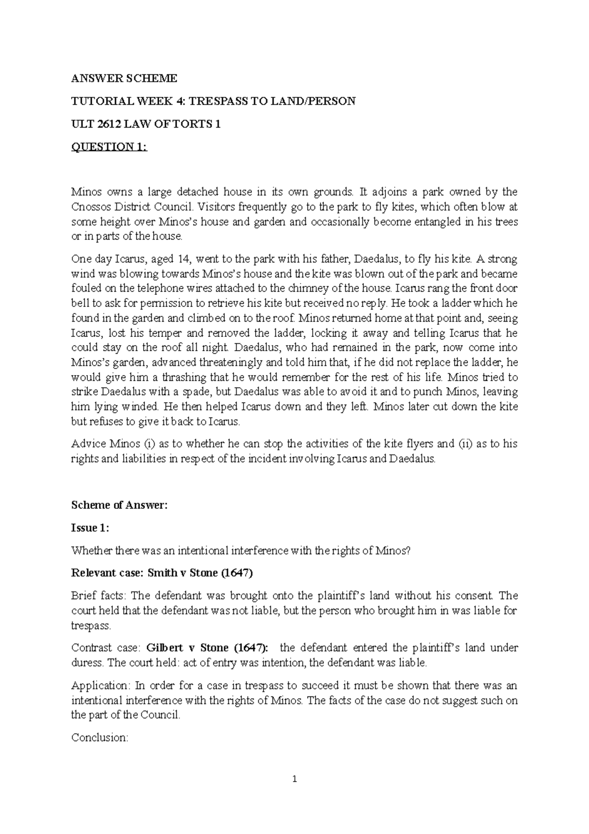 Tutorial Week 4 - ANSWER SCHEME TUTORIAL WEEK 4: TRESPASS TO LAND/PERSON ULT 2612 LAW OF TORTS 1 ...