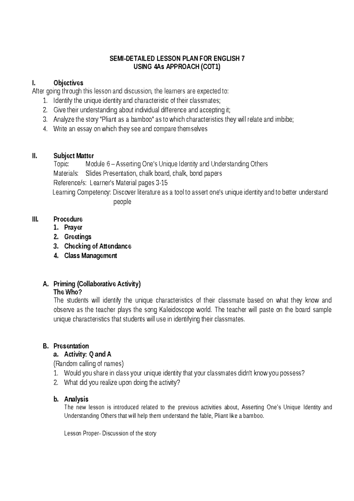 COT1-LP ENG7 - Lesson Plan - SEMI-DETAILED LESSON PLAN FOR ENGLISH 7 ...