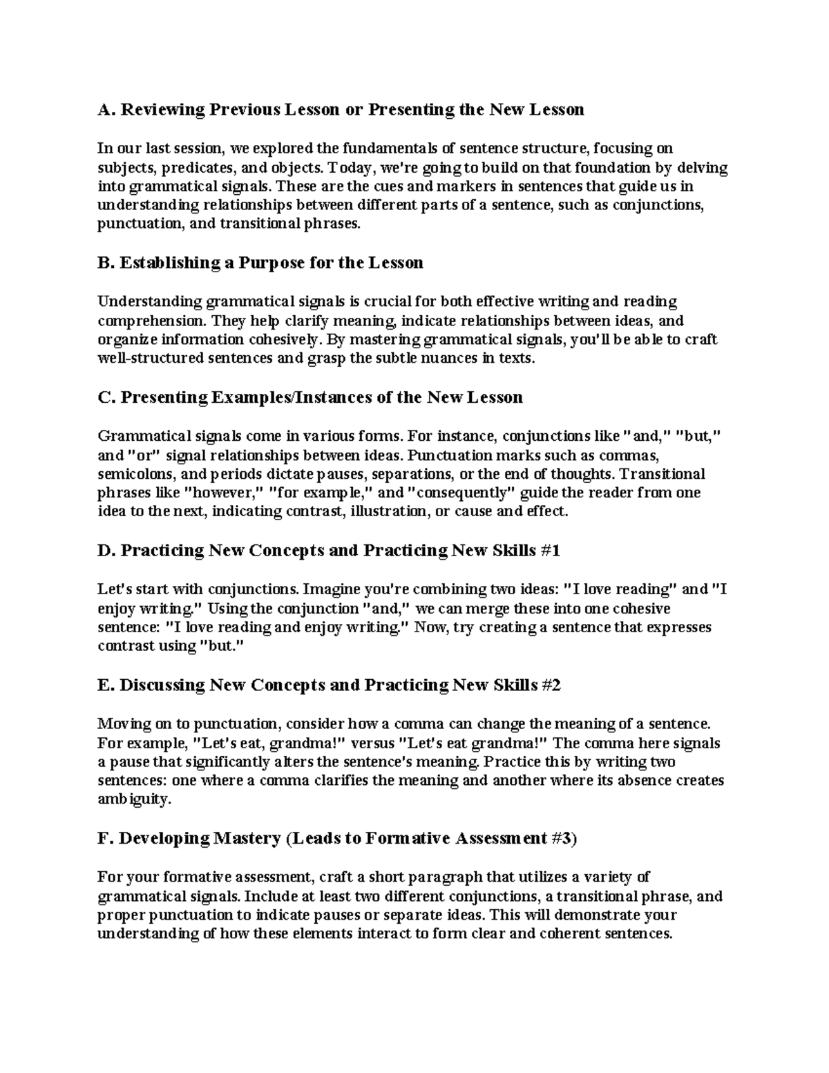 Grammatical Signals - A. Reviewing Previous Lesson or Presenting the ...