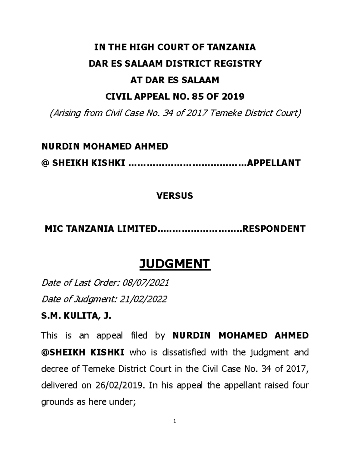 Nurdin Mohamed Ahmed Sheikh Kishki vs Mic Tanzania Limited (Civil ...