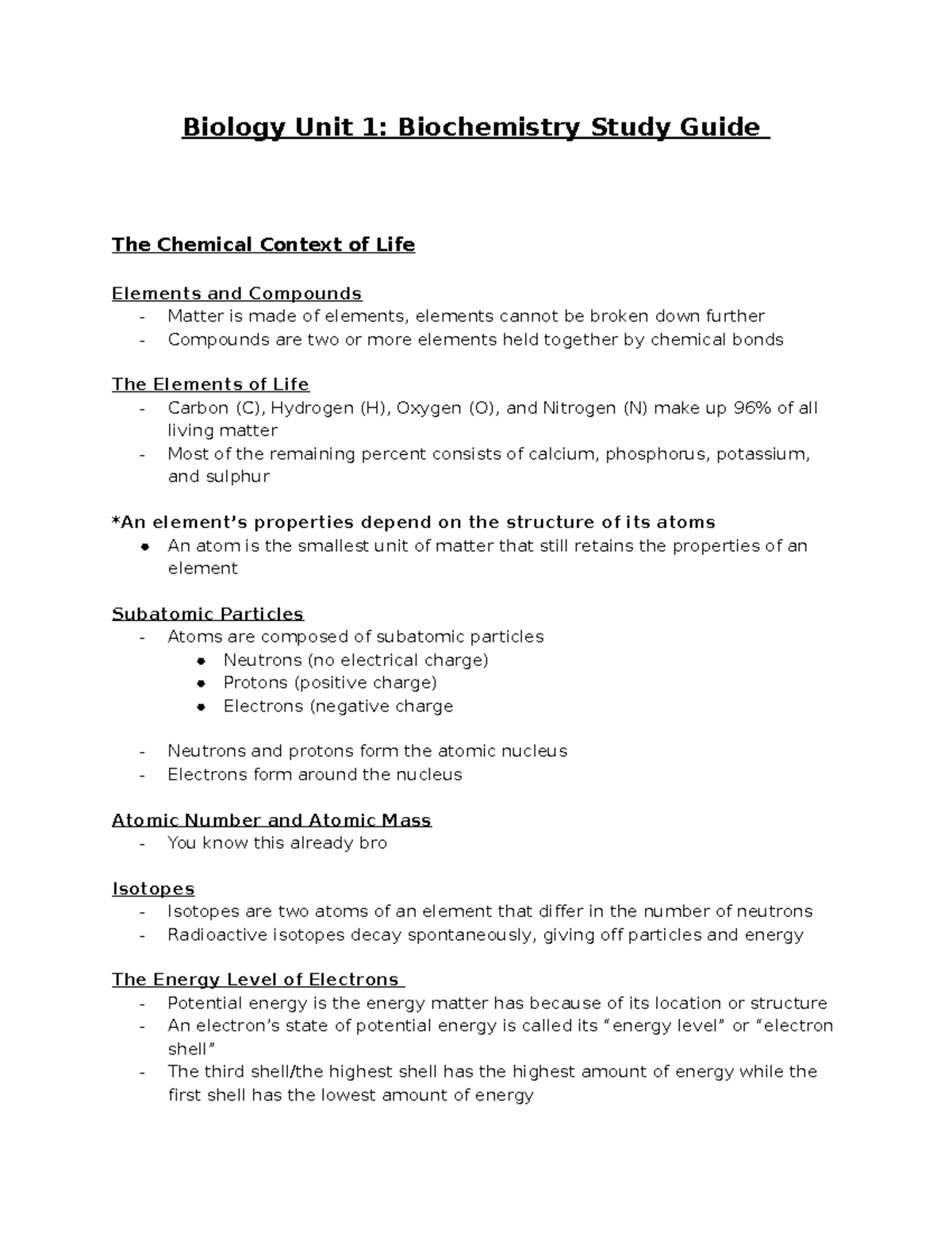 Biochemistry Unit Overview - Biology Unit 1: Biochemistry Study Guide ...