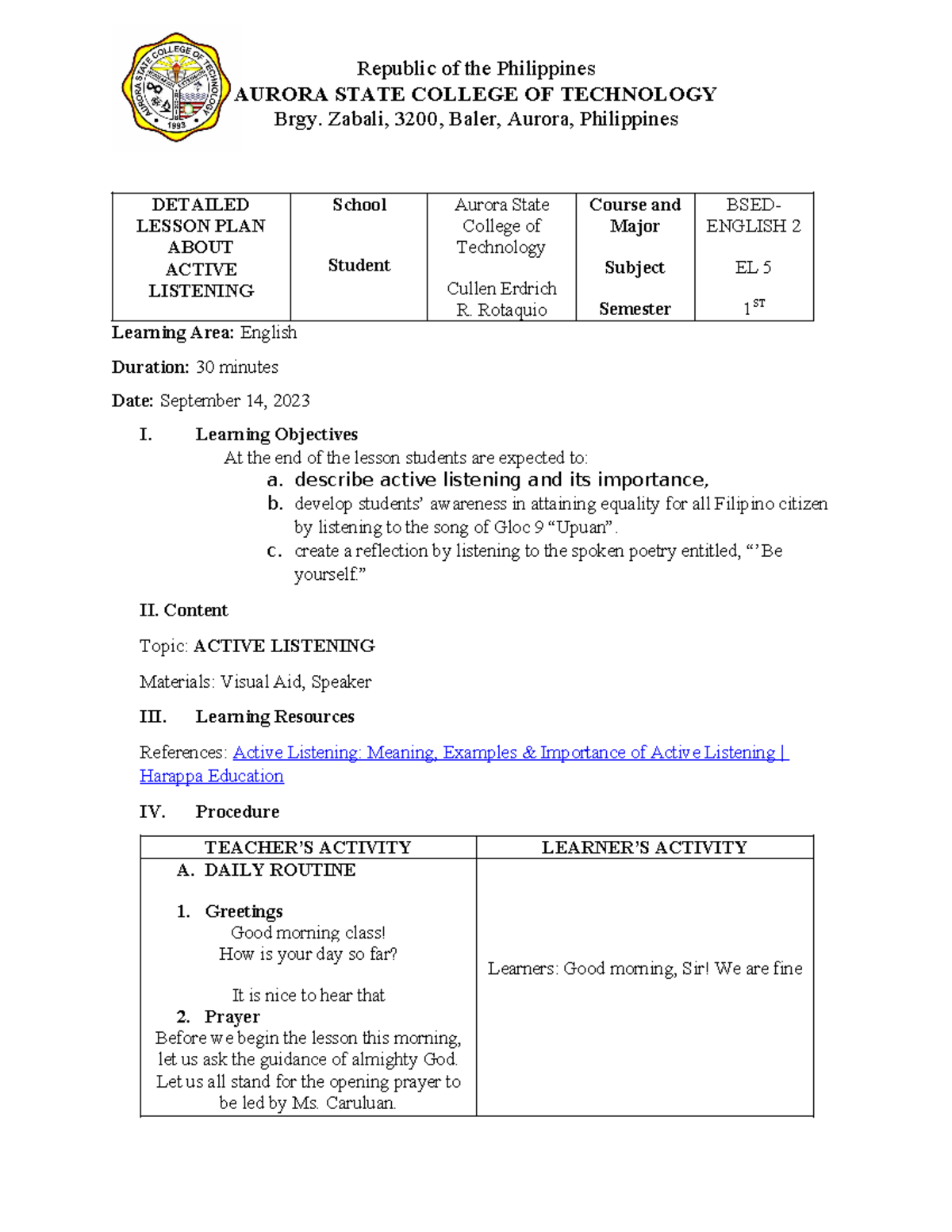 LESSON PLAN IN Listening - AURORA STATE COLLEGE OF TECHNOLOGY Brgy ...