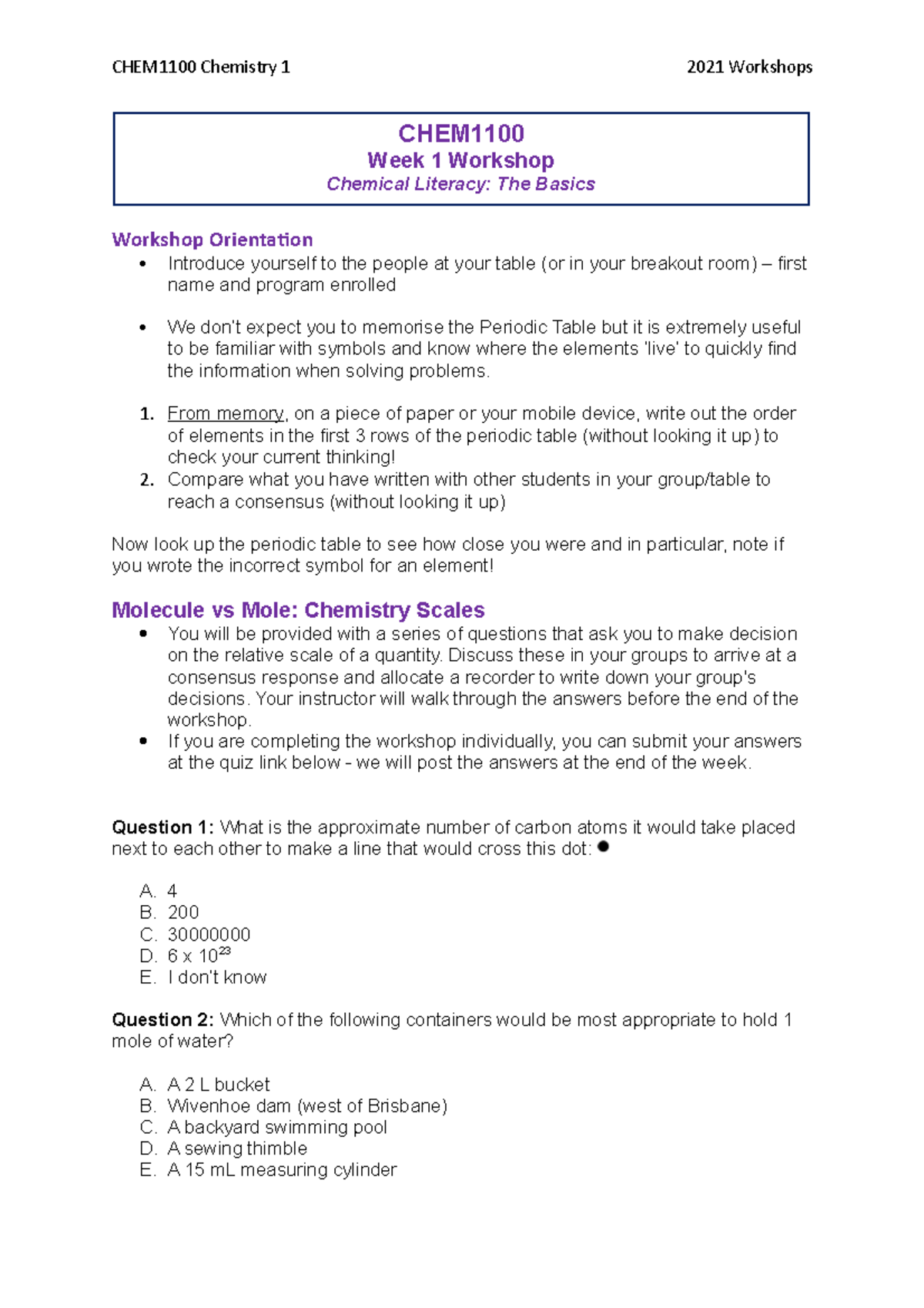Chem1100 Week 1 Workshop - CHEM1100 Chemistry 1 2021 Workshops Workshop ...