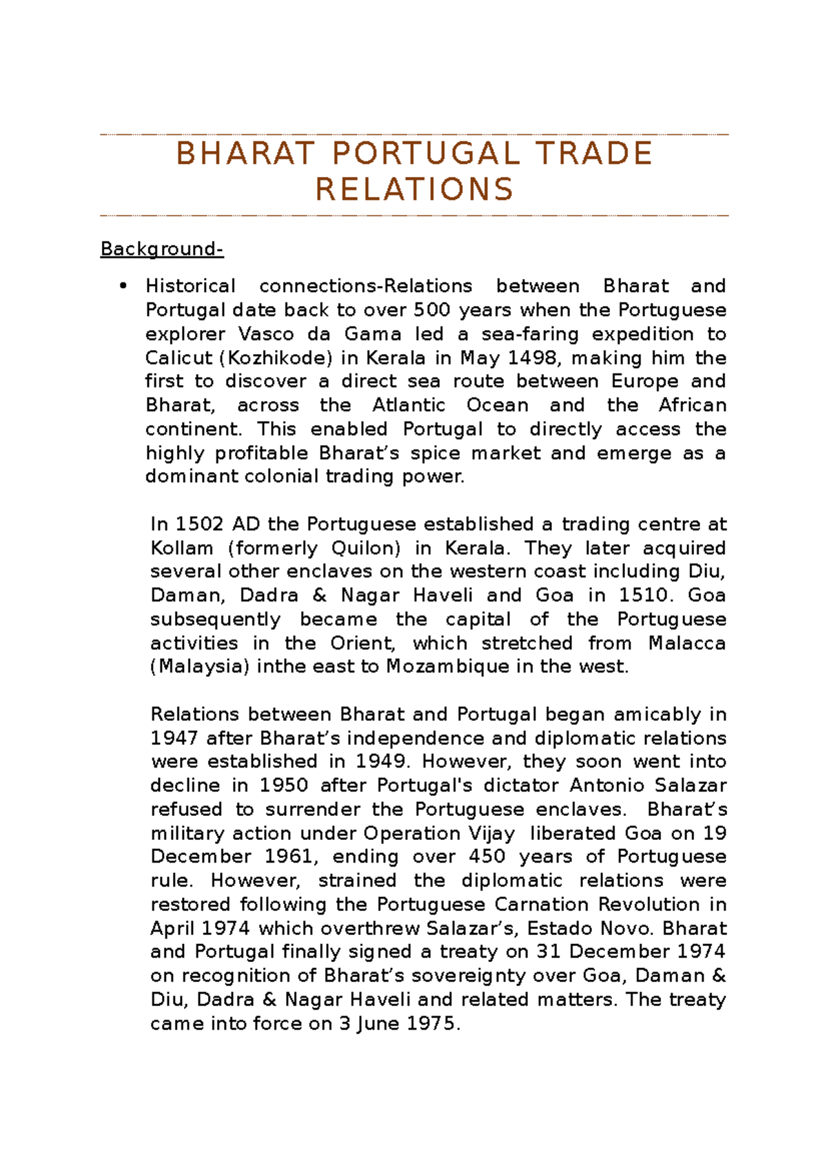 Bharat Portugal Trade Relations - B H A RAT P O RT U G A L T RA D E R E ...