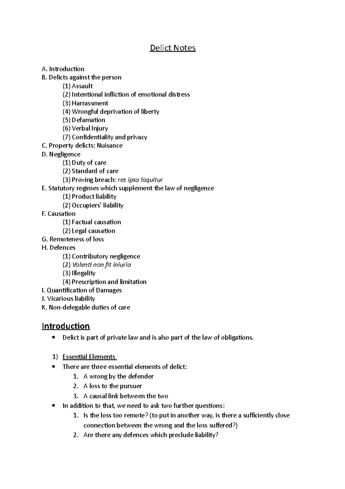 Delict Lecture Notes, undergraduate - Delict Notes A. Introduction B ...