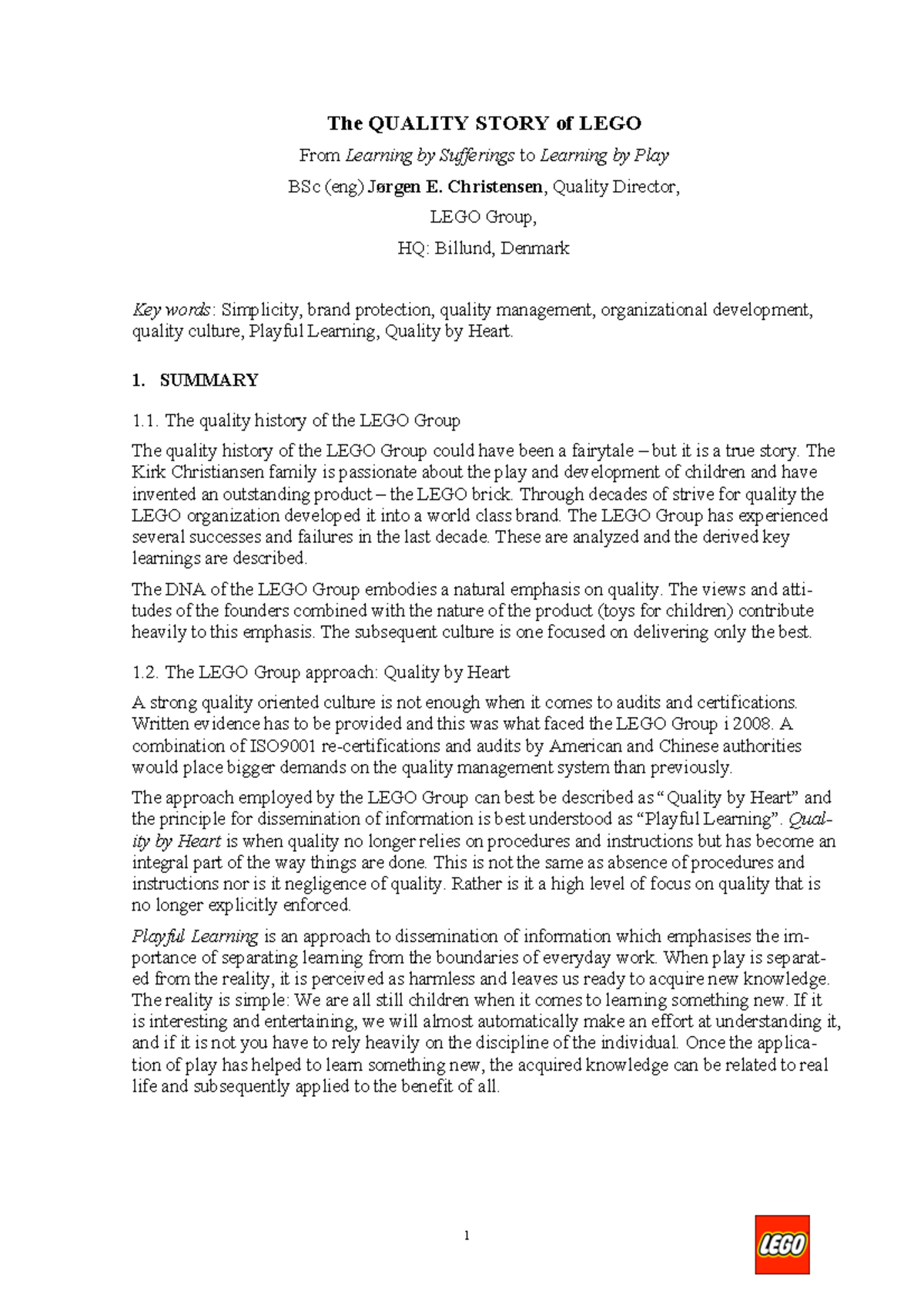 Quality story of lego - Topic: operation essay - The QUALITY STORY of ...