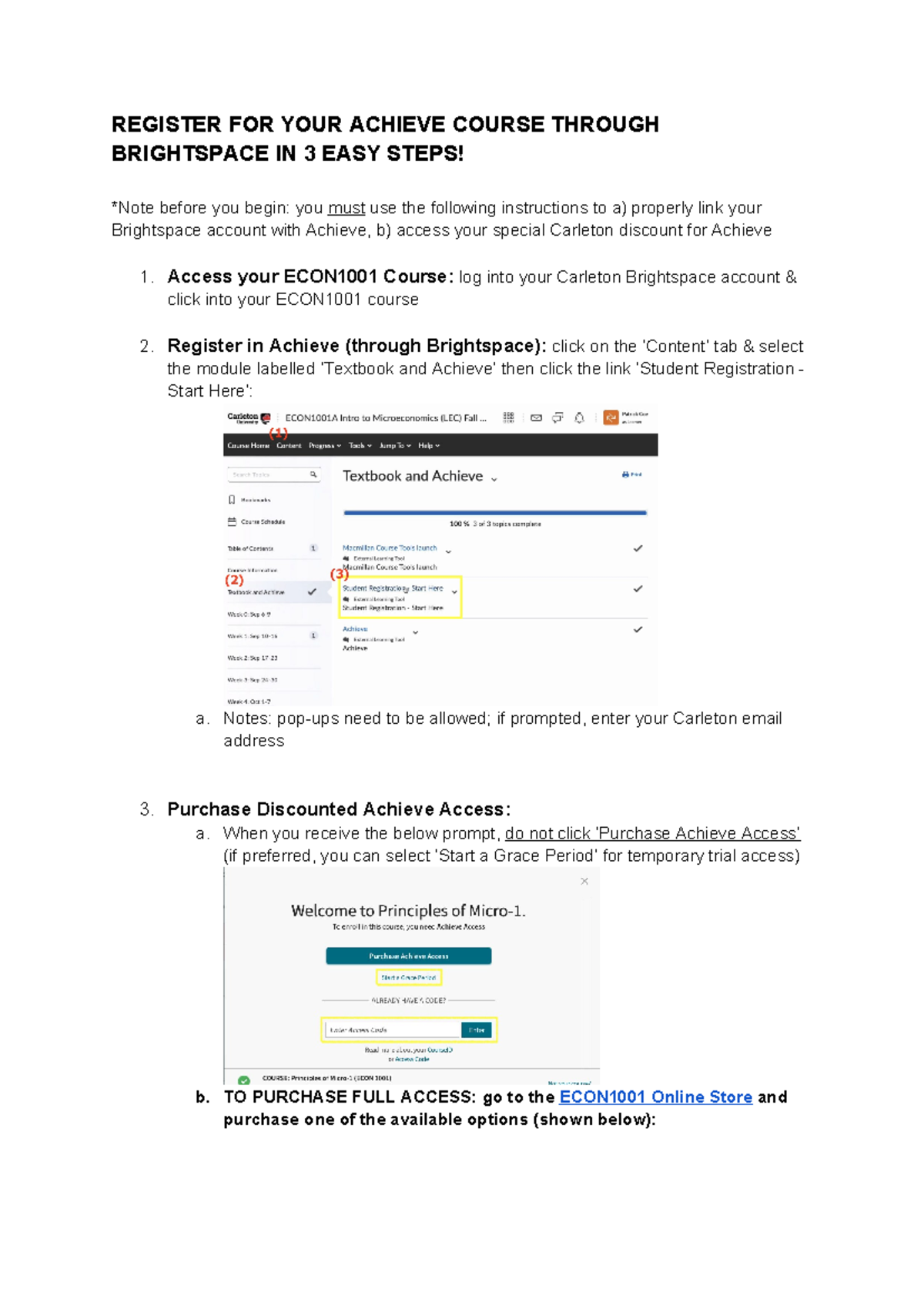 [ECON 1001] Student Instructions - Achieve Registration Through Brightspace - REGISTER FOR YOUR ...
