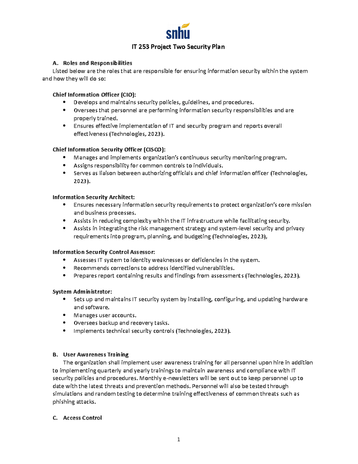 IT 253 Project Two Security Plan - Roles and Responsibilities Listed ...