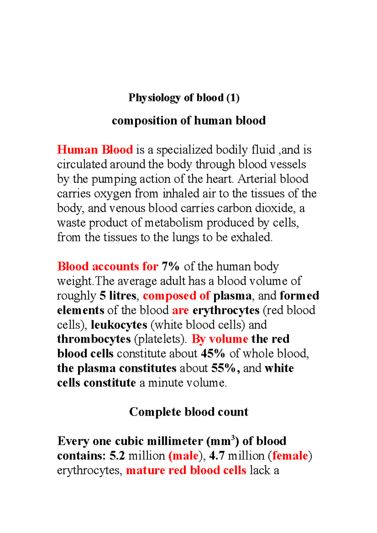 Physiology of blood - Lecture notes 5 - Physiology of blood (1 ...