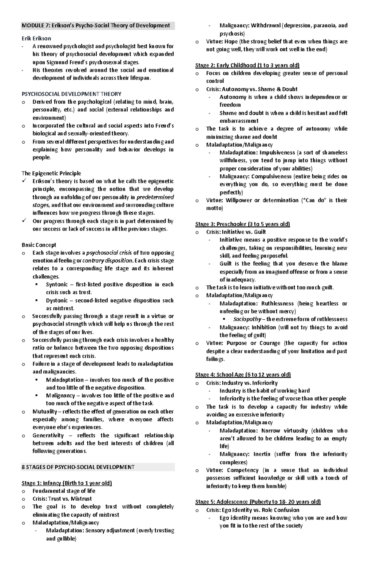 CPE100 Midterm Coverage - MODULE 7: Erikson’s Psycho-Social Theory of ...
