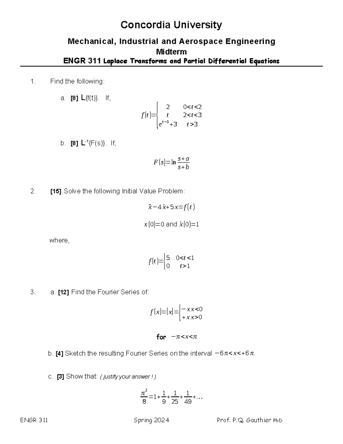 ENGR 311 Midterm Summer 2024 - Concordia University Mechanical, Industrial and Aerospace ...