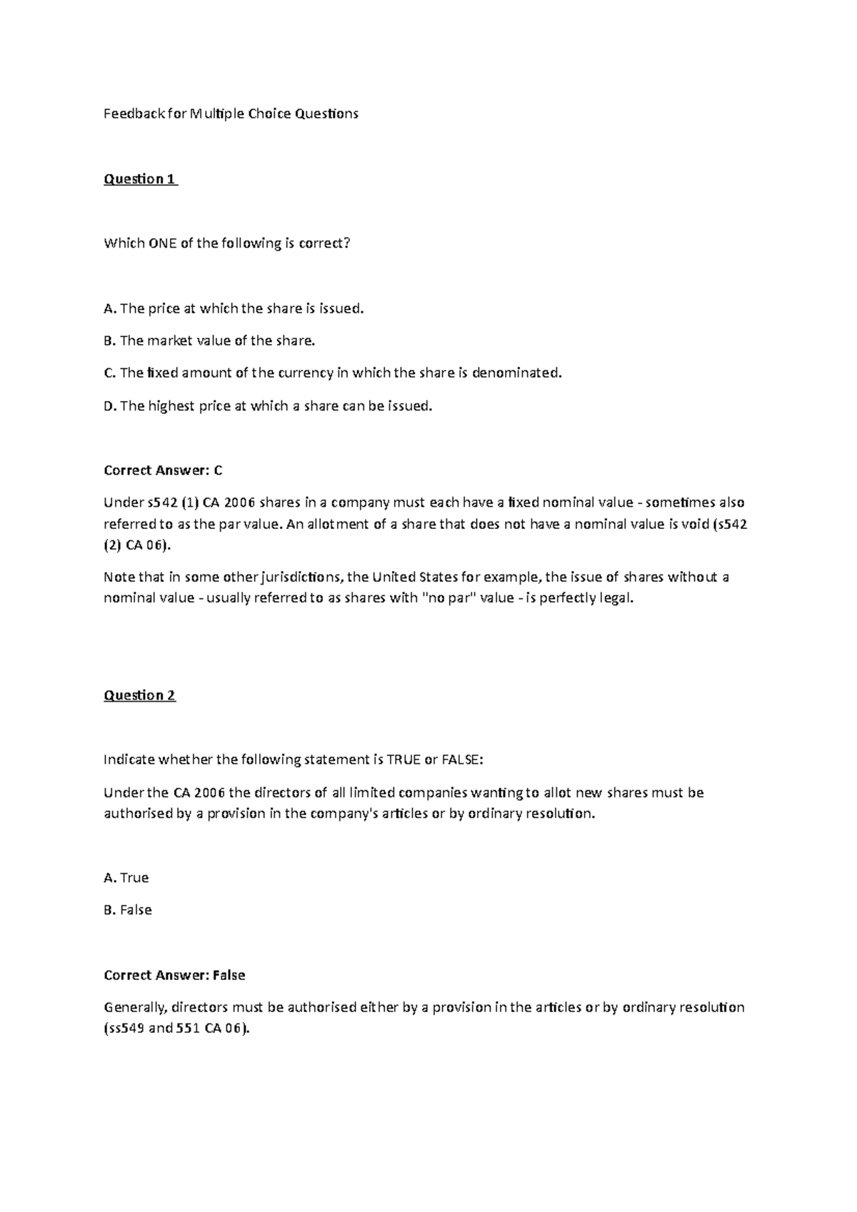 Feedback for Multiple Choice Questions - Feedback for Multiple Choice ...