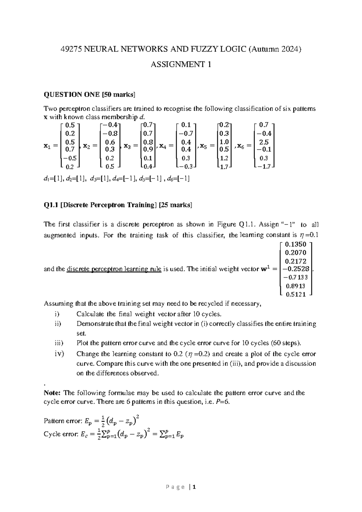 49275 A2024 Assignment 1 - 49275 NEURAL NETWORKS AND FUZZY LOGIC (Autumn 2024 ) ASSIGNMENT 1 ...