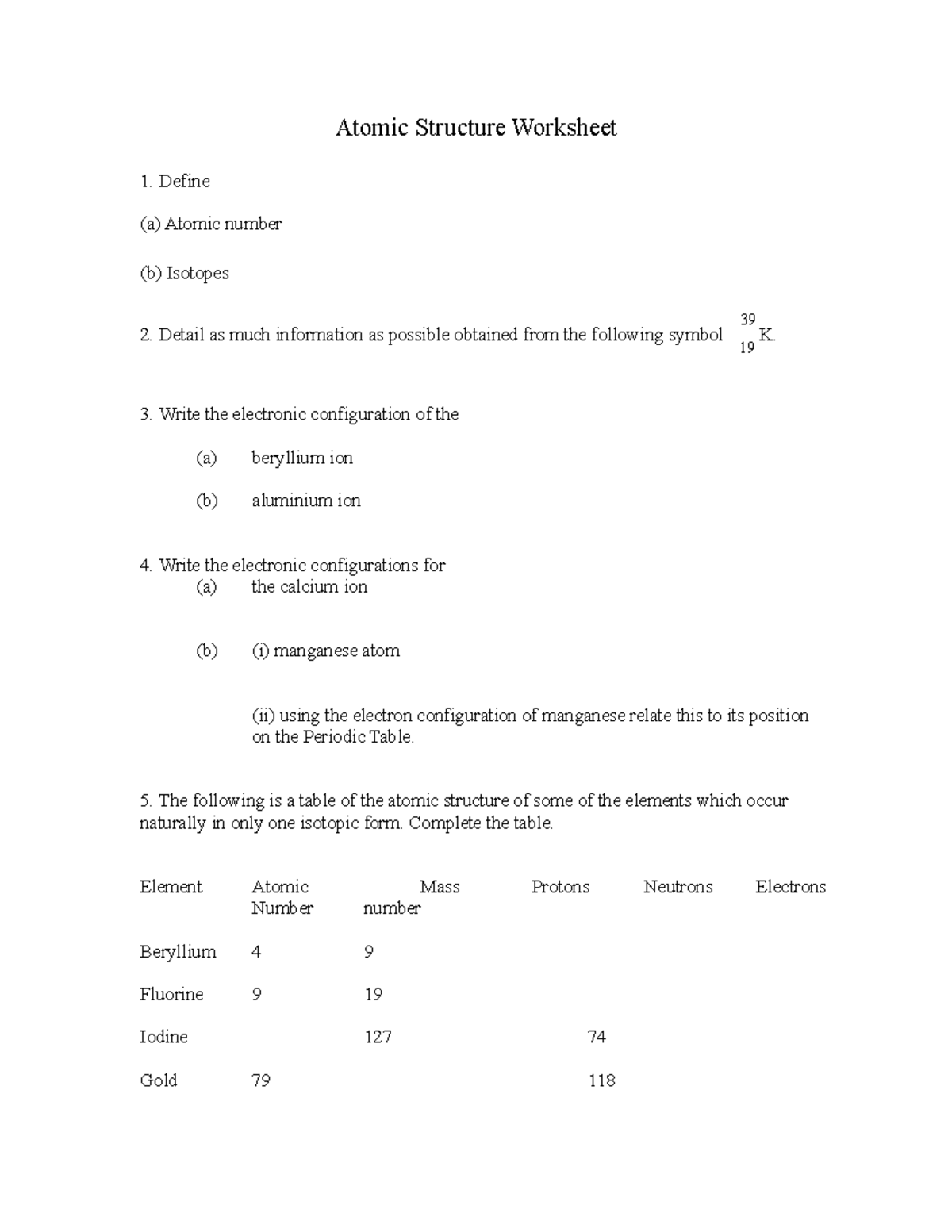 Atomic Str Wksht 1 - worksheet and answers - Atomic Structure Worksheet ...
