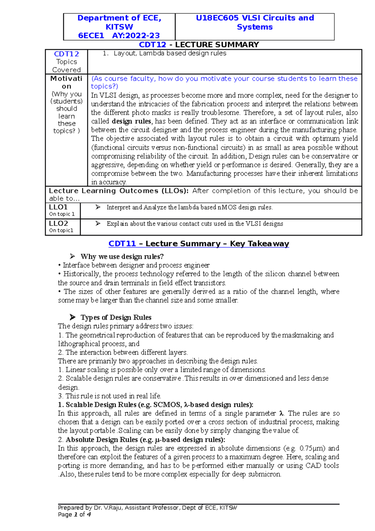VLSI CDT12 Summary 6ECE1 2022-23 - KITSW 6ECE1 AY:2022- Systems CDT12 - LECTURE SUMMARY CDT ...