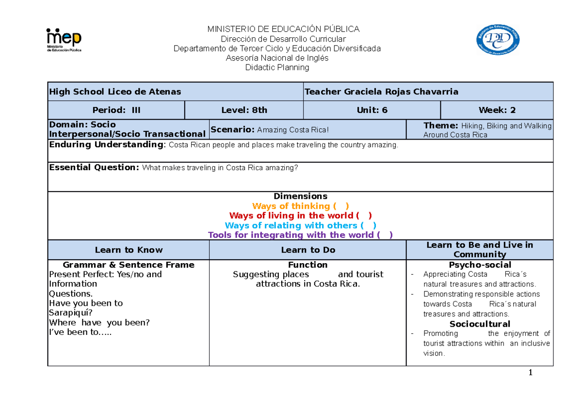 Planning 8th unit 6 ( week 2) - Dirección de Desarrollo Curricular ...