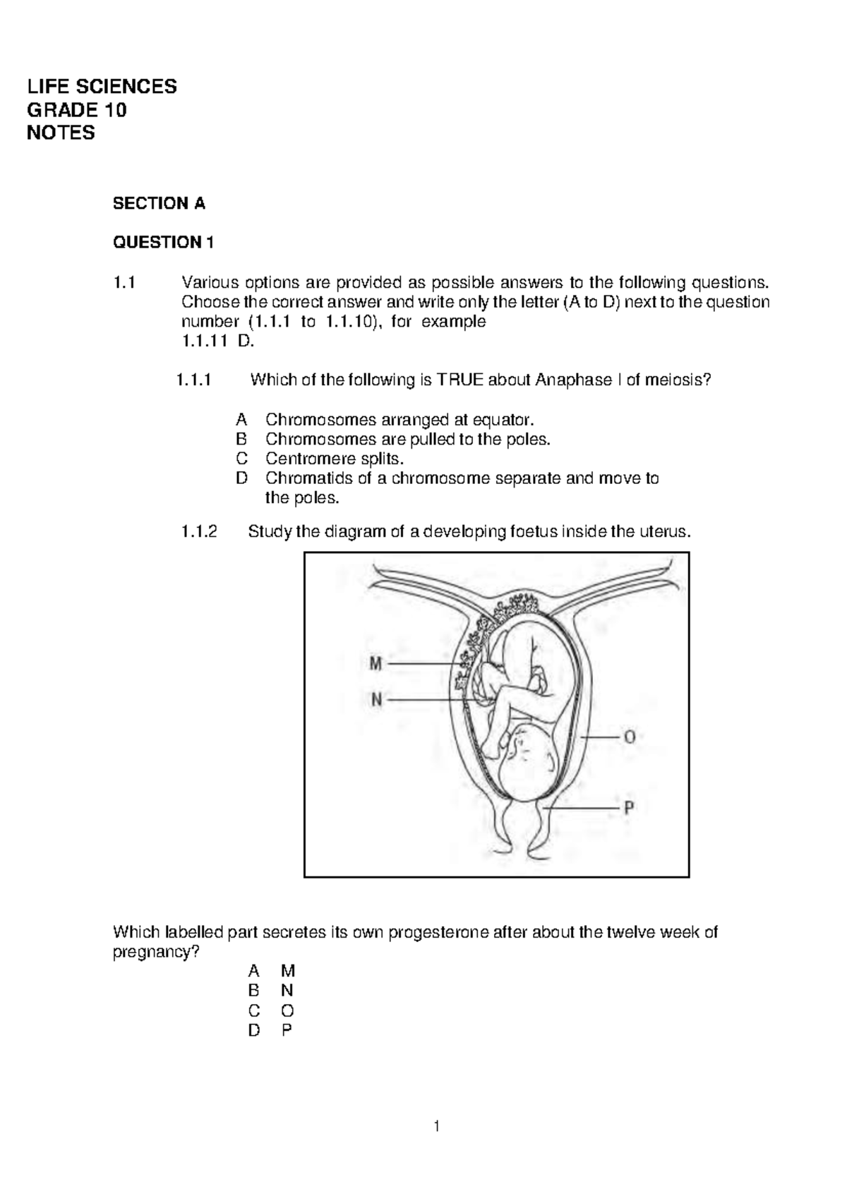 LIFE Sciences Grade 12 Notes LIFE SCIENCES GRADE 10 NOTES SECTION A