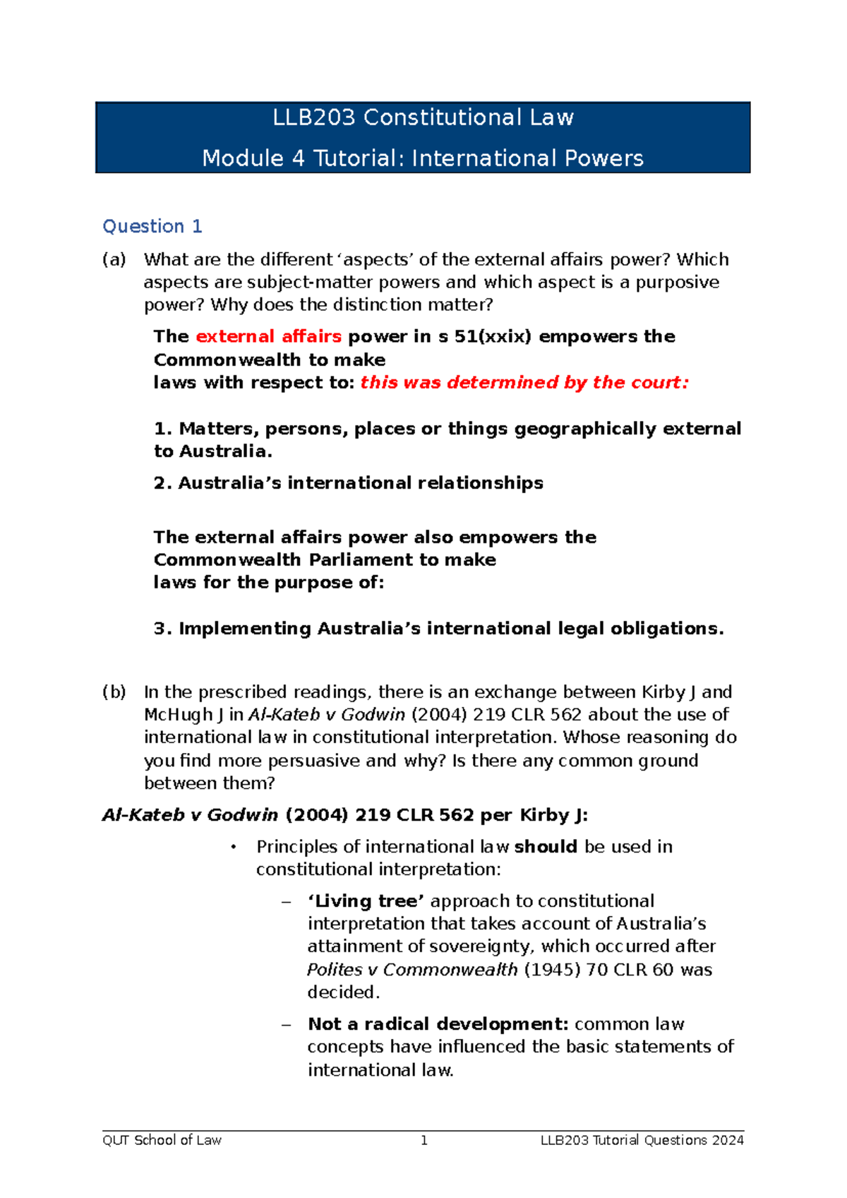 Module 4 Tutorial Questions - International Powers - LLB203 ...