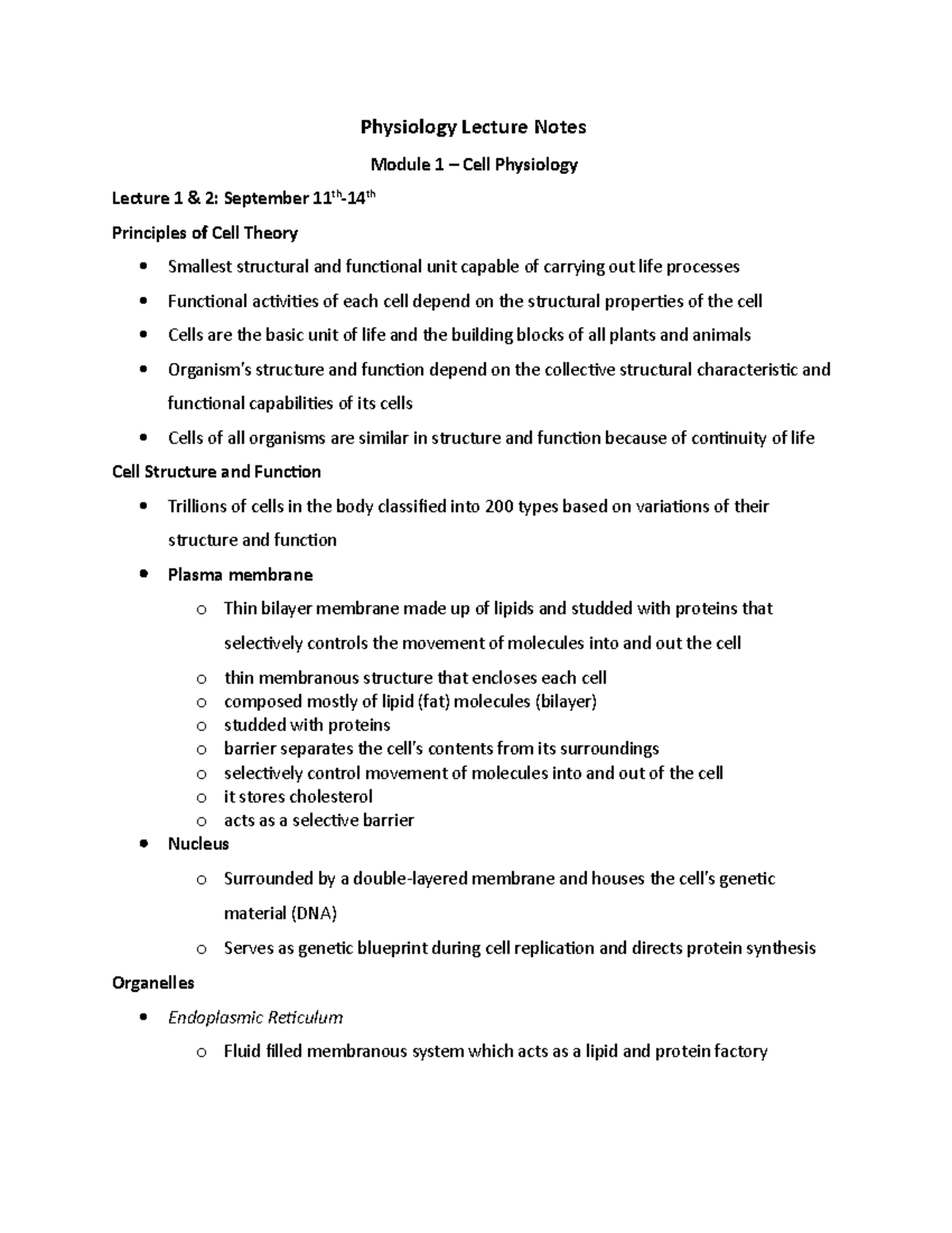 Physiology Lecture Notes(2019-2020) (exam notes) - Physiology Lecture ...