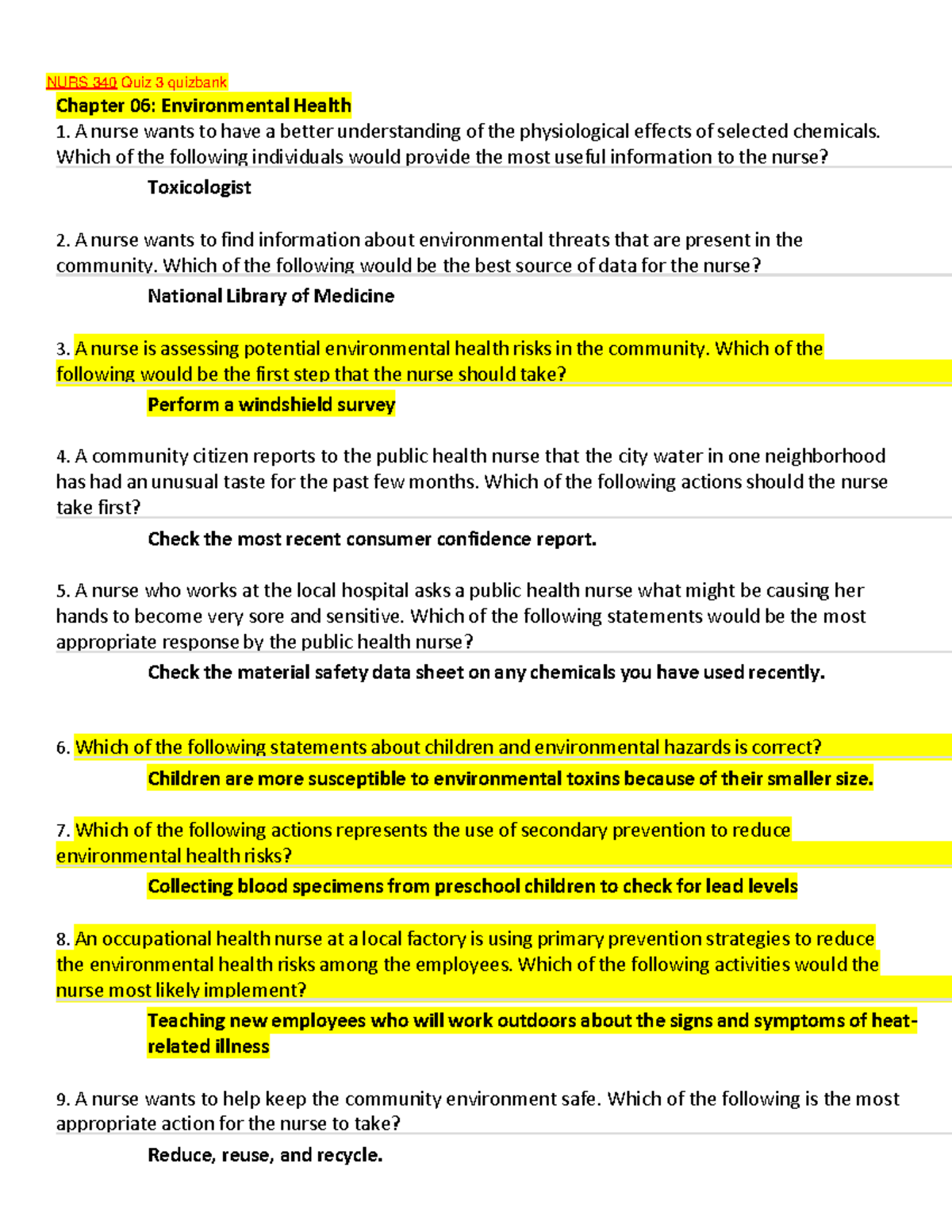 Nurs 340 quiz 3 quizbank latest 1 - Chapter 06: Environmental Health 1 ...