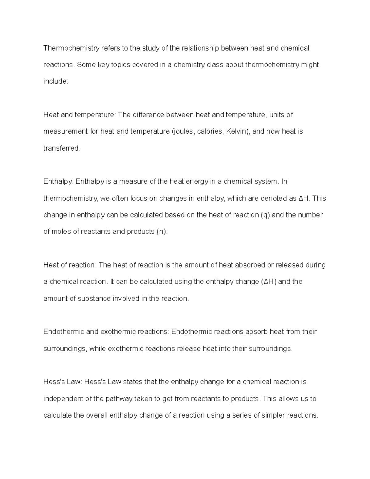 Answer key for a chemistry class about Thermochemistry ...
