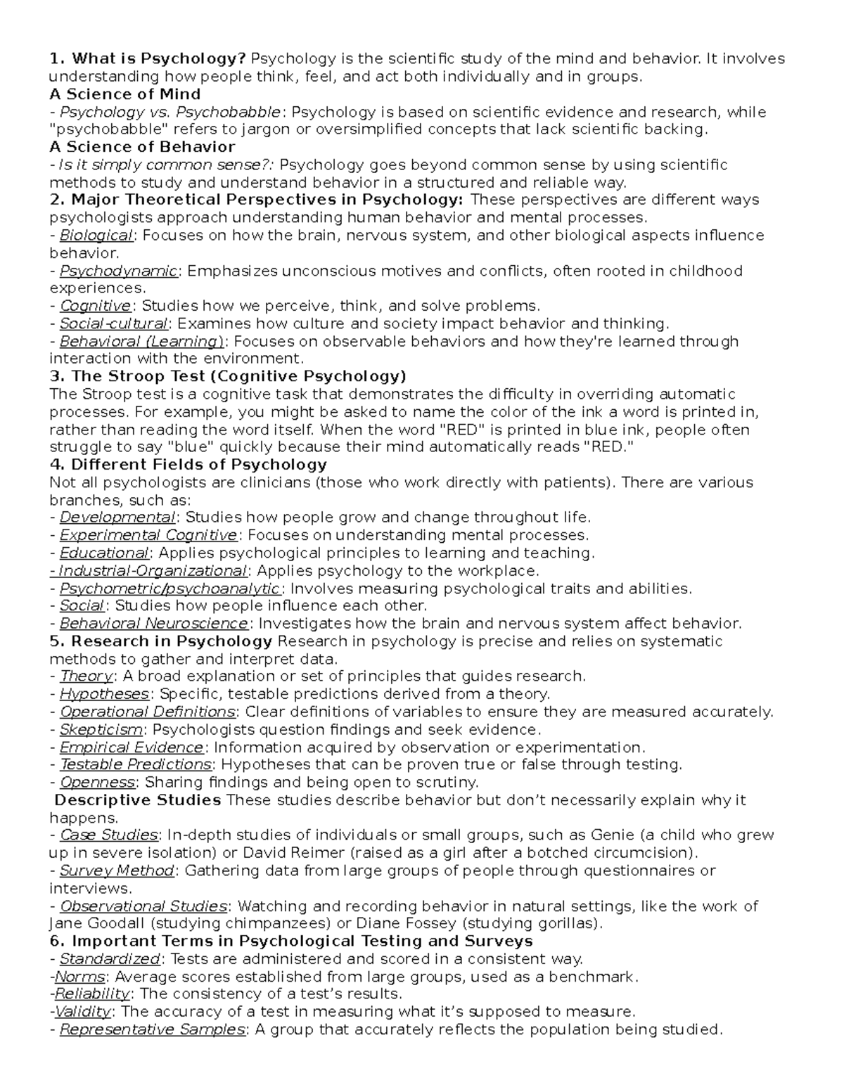 Cheat sheet Thought ex1 - What is Psychology? Psychology is the ...