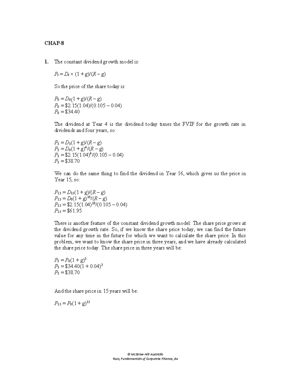 Module 4 Chapter 8 - © McGraw-Hill Australia CHAP- The constant dividend growth model is: Pt ...