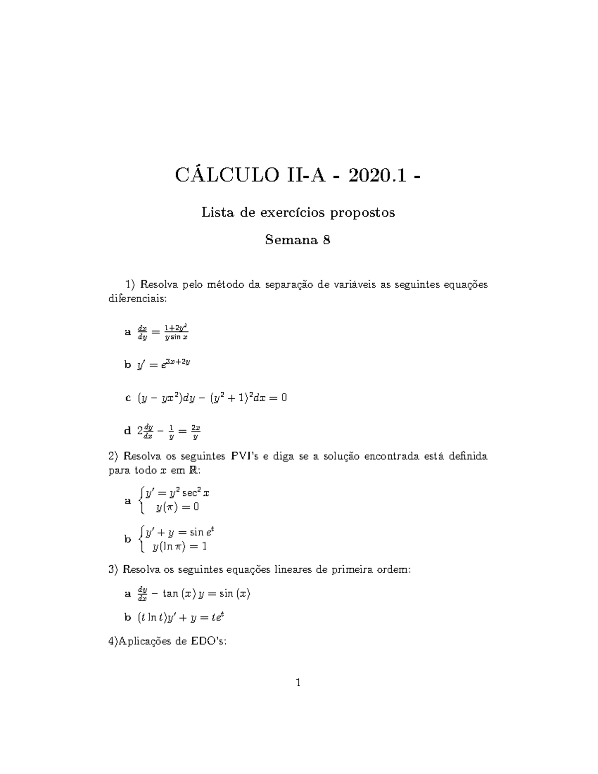 Calculo II - EDO - 2020 - Anotações EDO - CÁLCULO II-A - 2020 - Lista ...