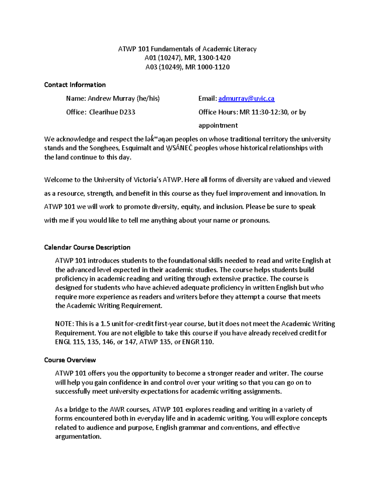 2022 Syllabus ATWP 101 Fundamentals of Academic Literacy 1 - ATWP 101 ...
