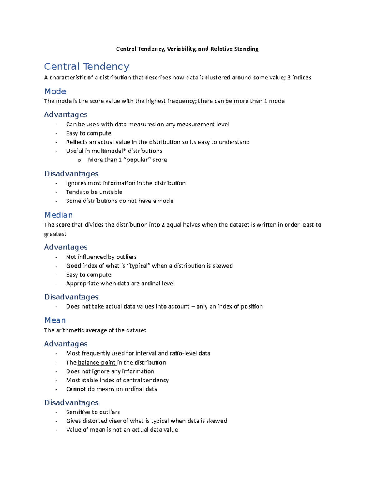 Notes Week 3 - Central Tendency, Variability, and Relative Standing ...