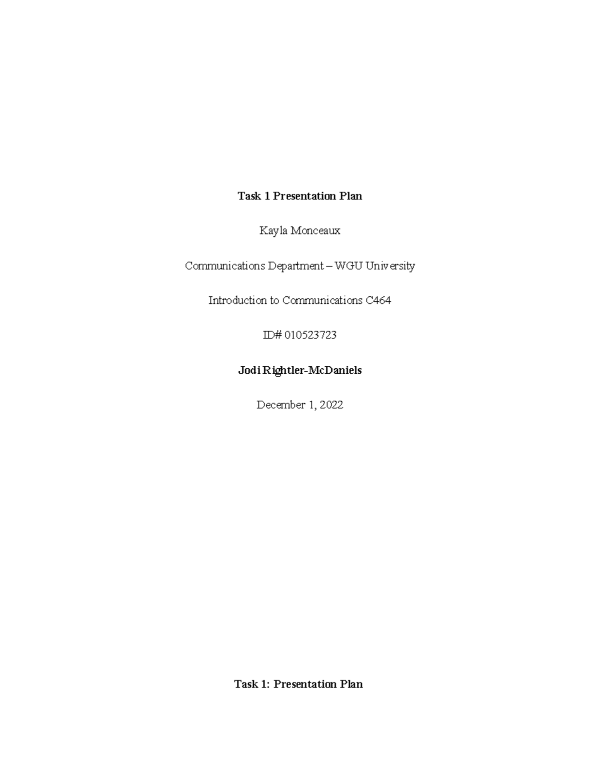 Intro to Communications Task 1 Presentation Plan - Task 1 Presentation ...