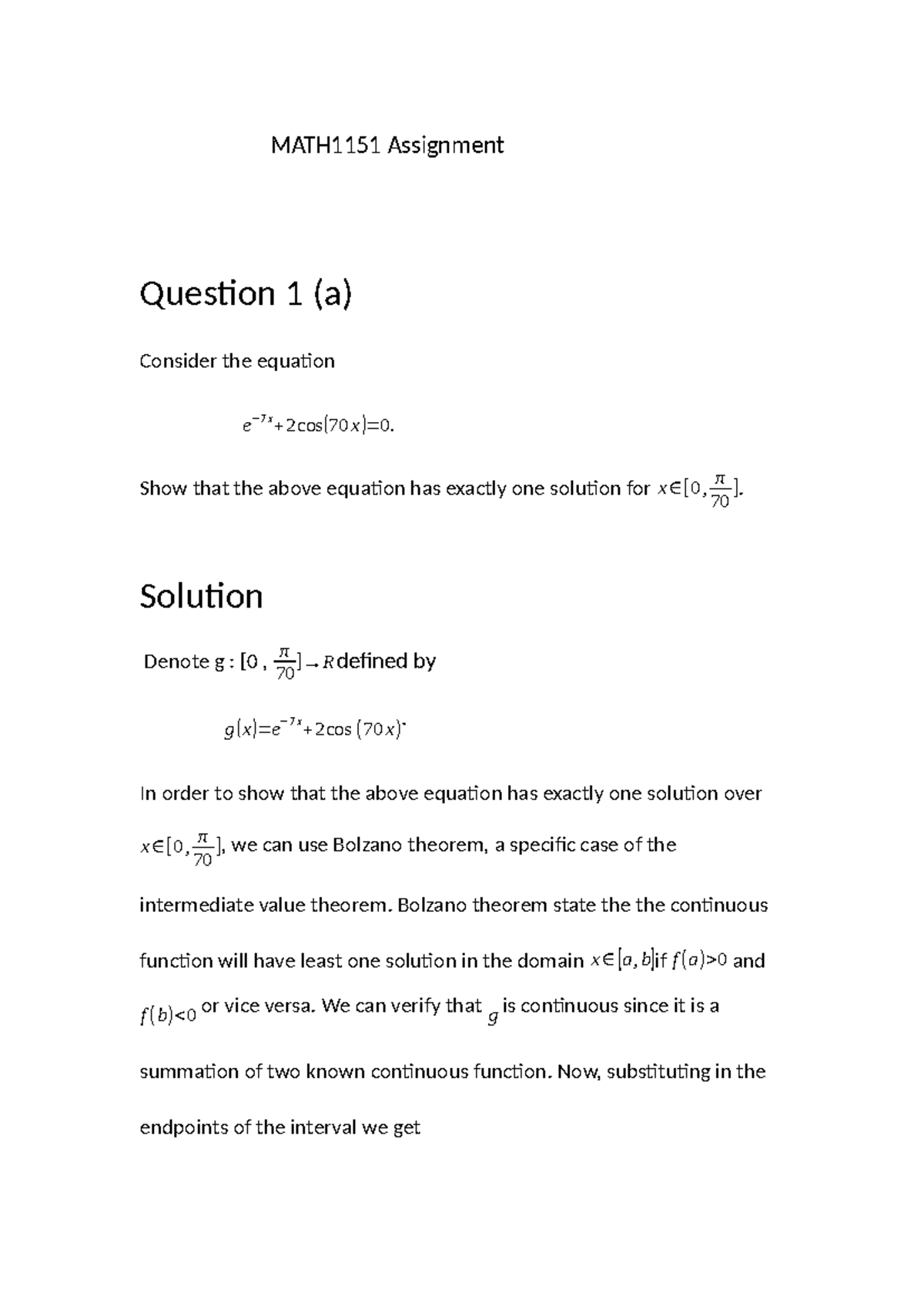MATH1151 assignment - MATH1151 Assignment ####### Question 1 (a ...