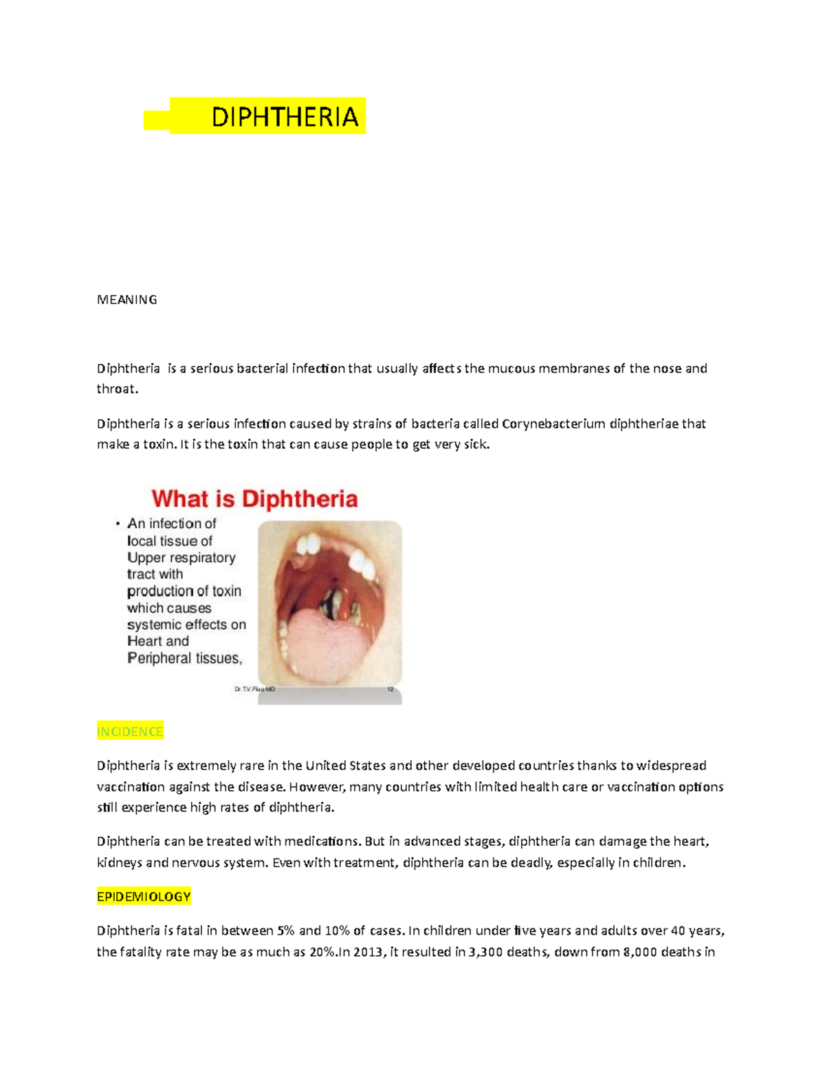 Diphtheria - Lecture notes - DIPHTHERIA MEANING Diphtheria is a serious ...