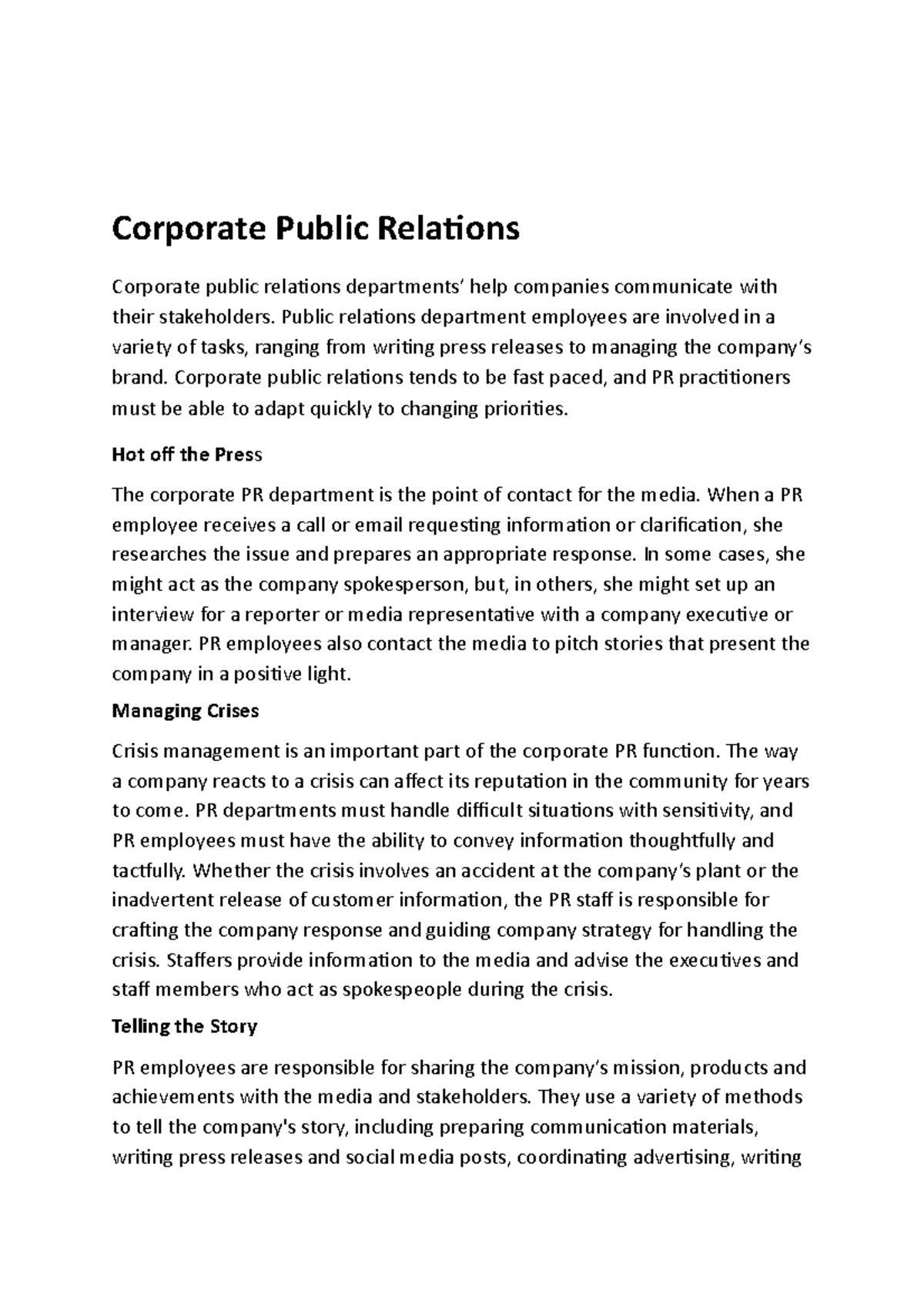 Corporate Public Relations - Corporate Public Relations Corporate ...