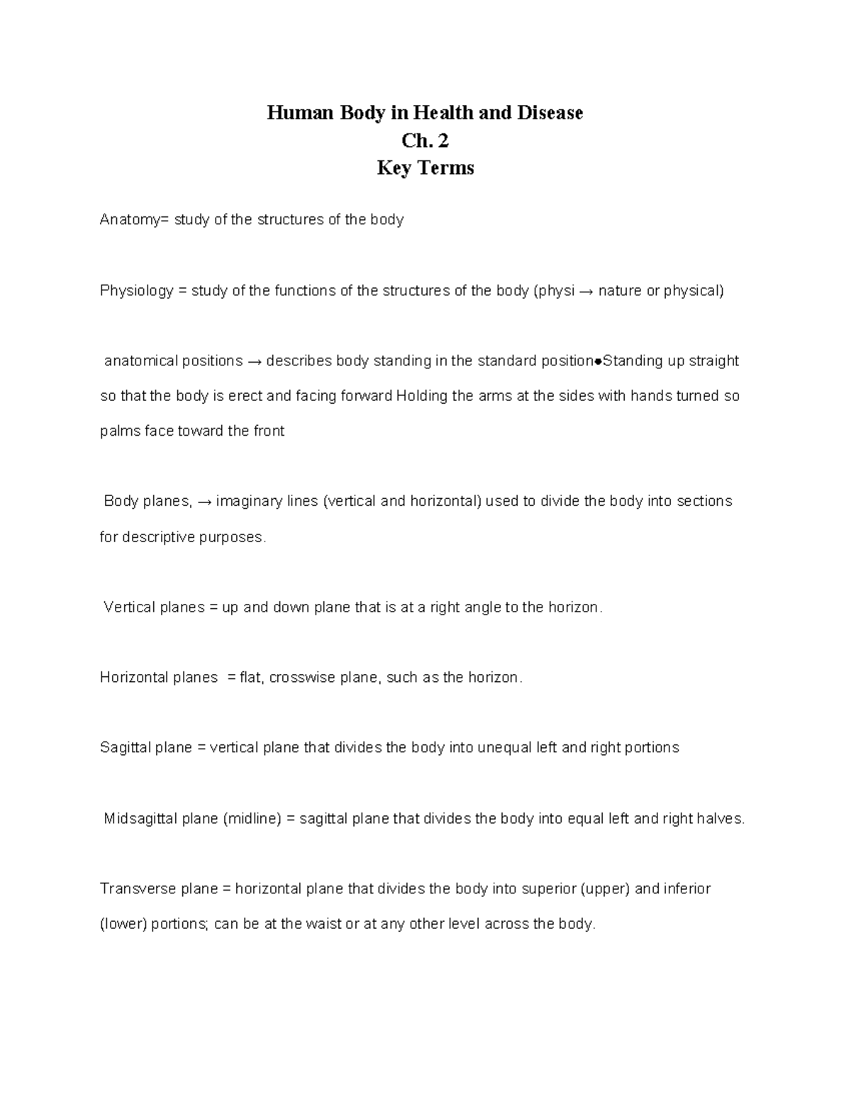 Human Body in Health and Disease Key Terms Ch. 2 - Human Body in Health ...