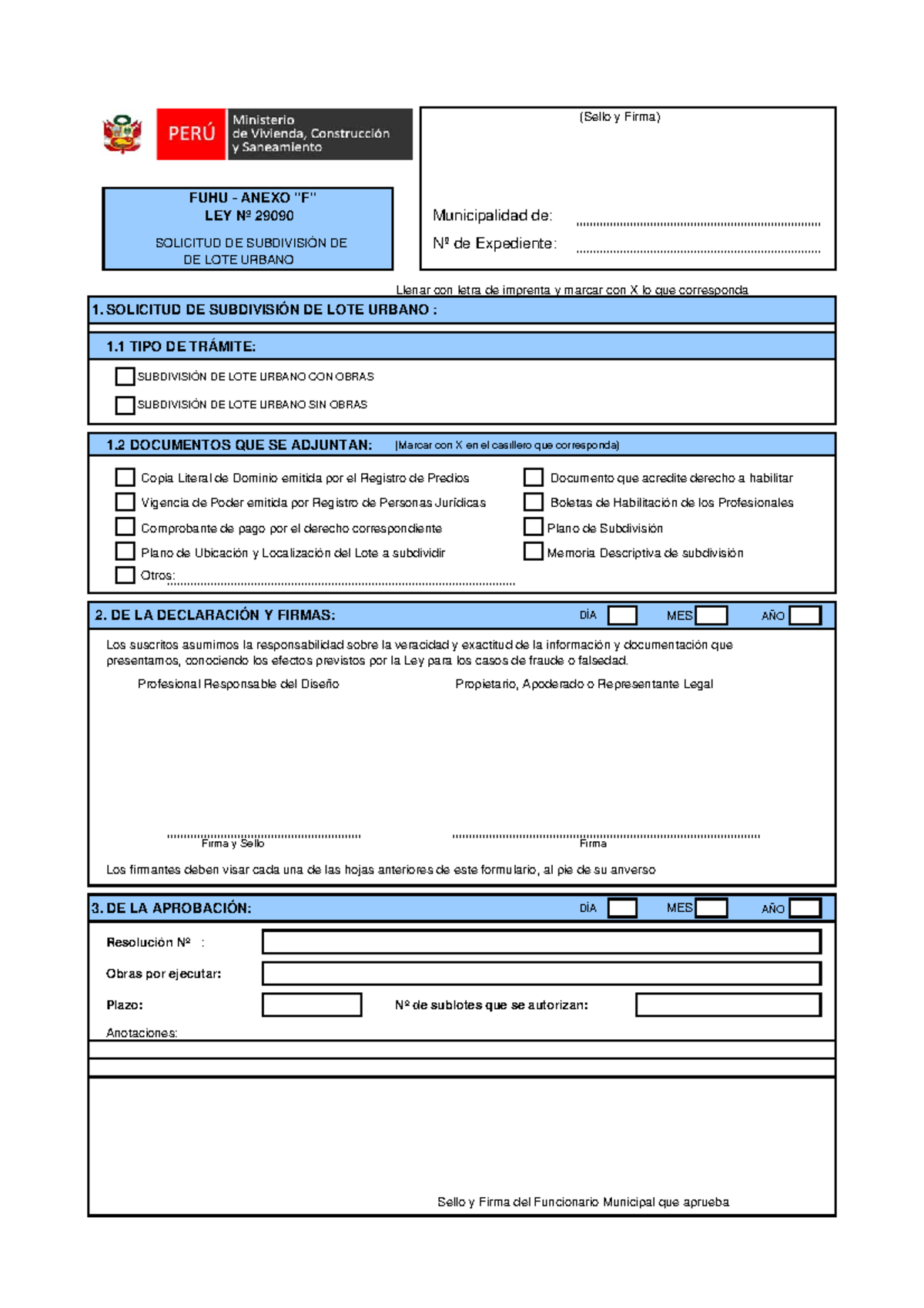 FUHU Anexo F - Formato de Subdivision de Lote Urbano del Ministerio de ...