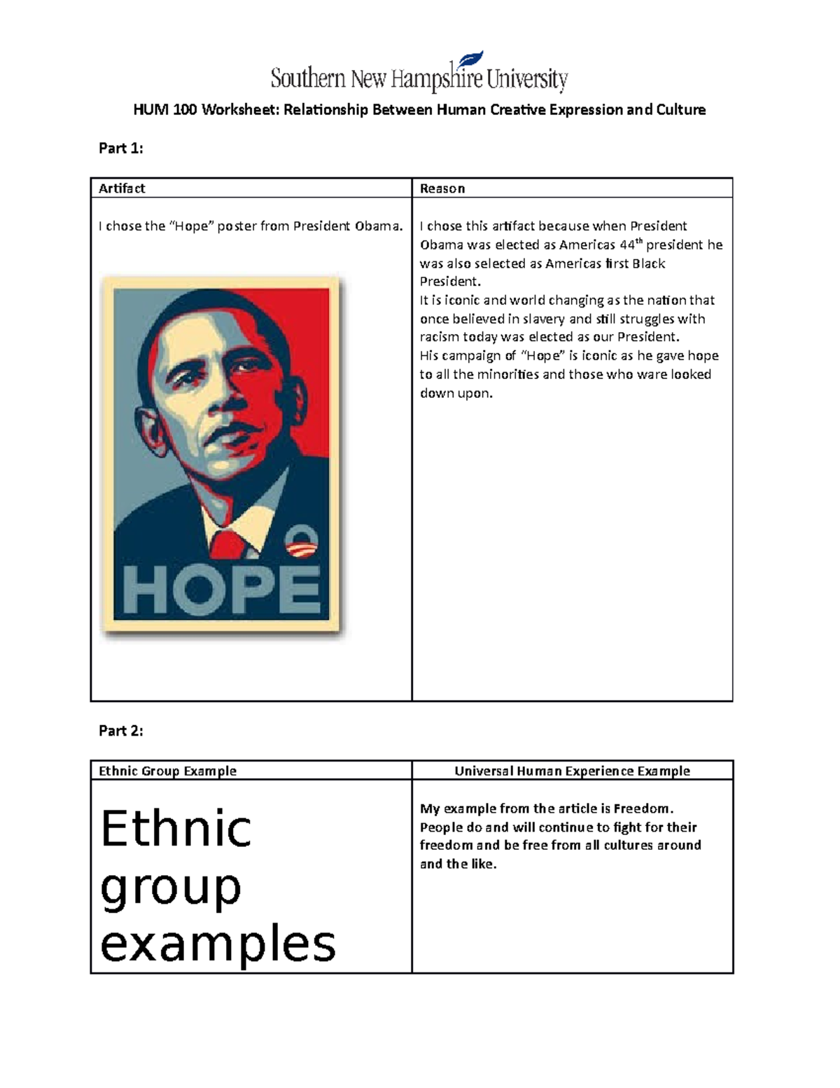 HUM 100 Worksheet Relationship Between Human Creative Expression and ...