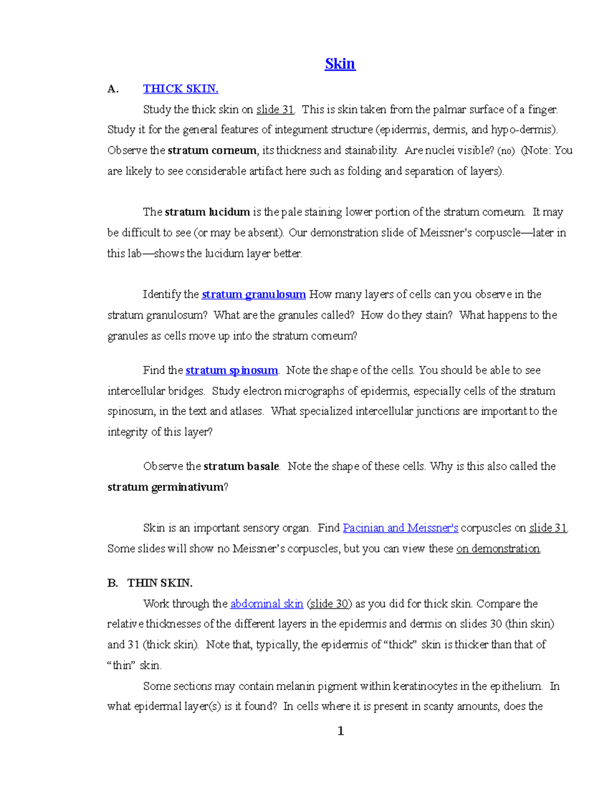 Skin Histology Lab - Skin A. THICK SKIN. Study the thick skin on slide ...