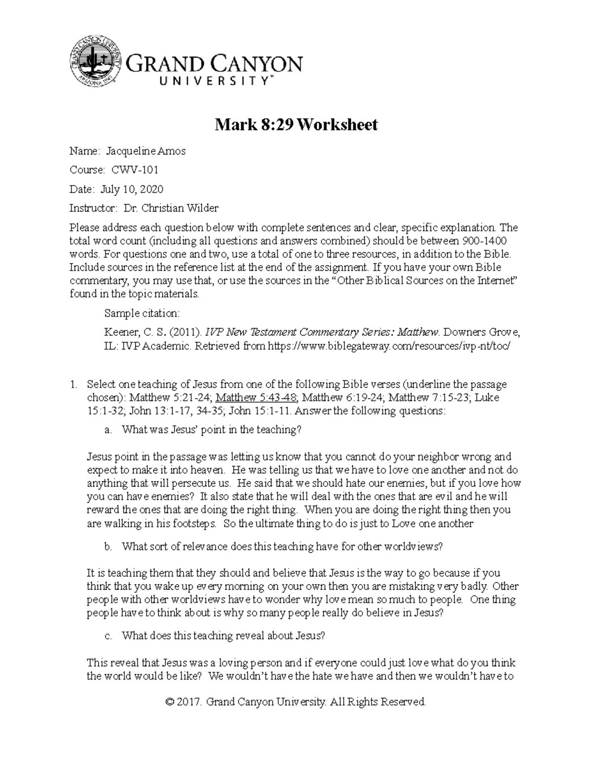 Mark 29 - Mark 8:29 Worksheet Name: Jacqueline Amos Course: CWV- Date ...