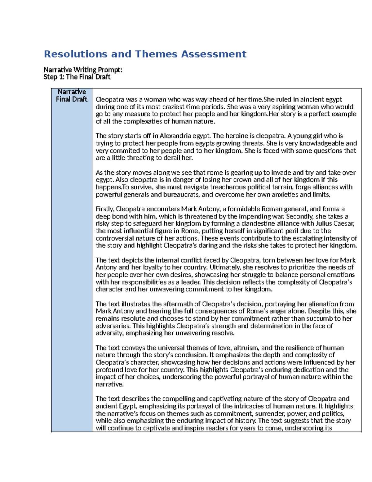 Resolutions and themes assess rubric - Resolutions and Themes ...